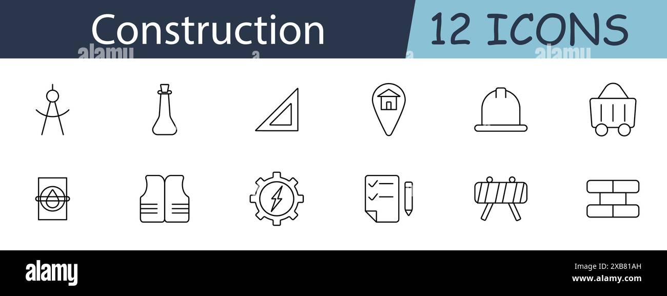 Construction set icon. Includes tools, safety gear, buildings, plans ...