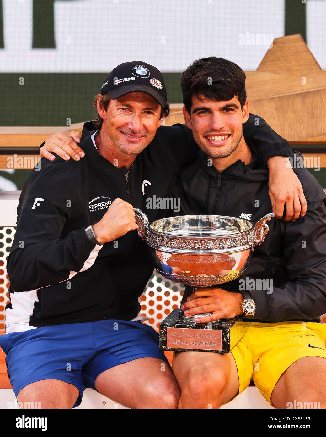 Tennis player Carlos Alcaraz from Spain and his coach Juan Carlos Ferrero after the men’s final ...