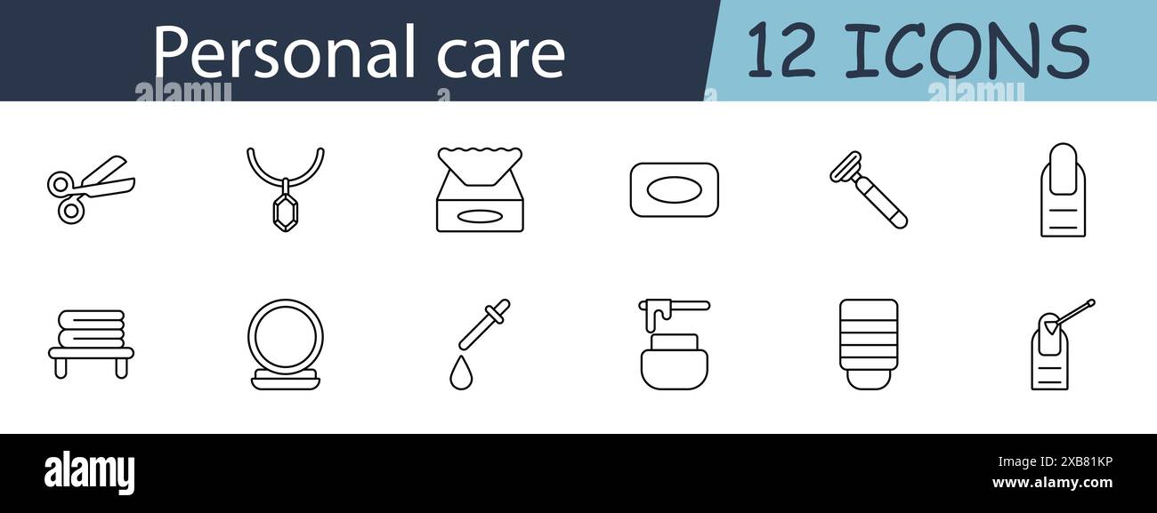 Personal care set icon. Includes scissors, soap, lotion, and grooming ...