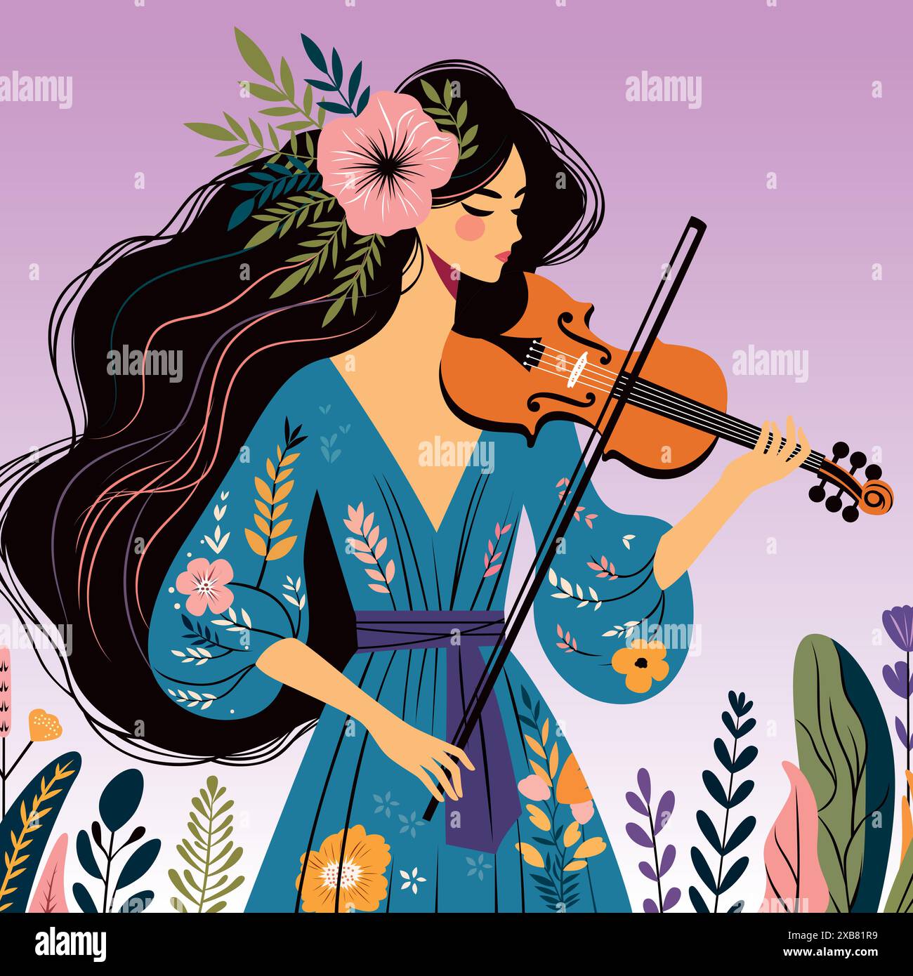 Illustration of a woman with long hair playing a violin, adorned with ...
