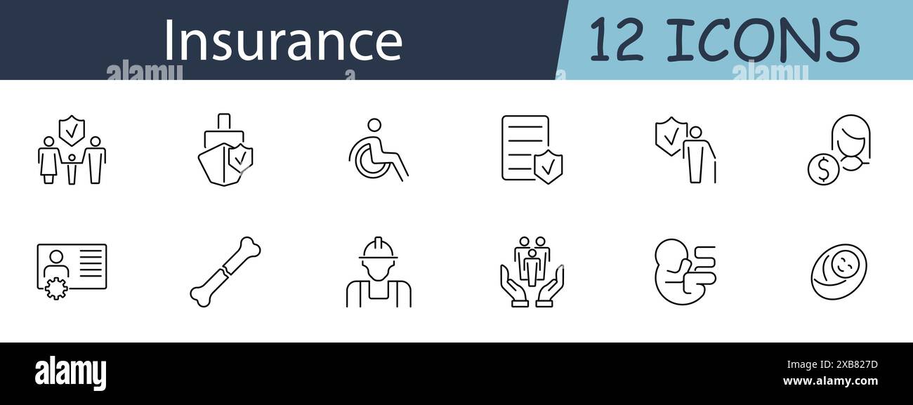 Insurance set icon. Family protection, shield, wheelchair, policy ...