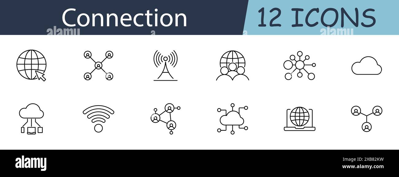Connection set icon. Globe, network, signal tower, people, cloud, cloud ...