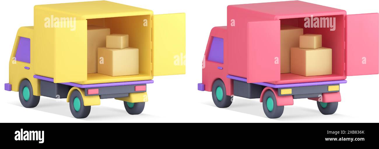 Cargo van cardboard box courier delivery company truck with open door ...