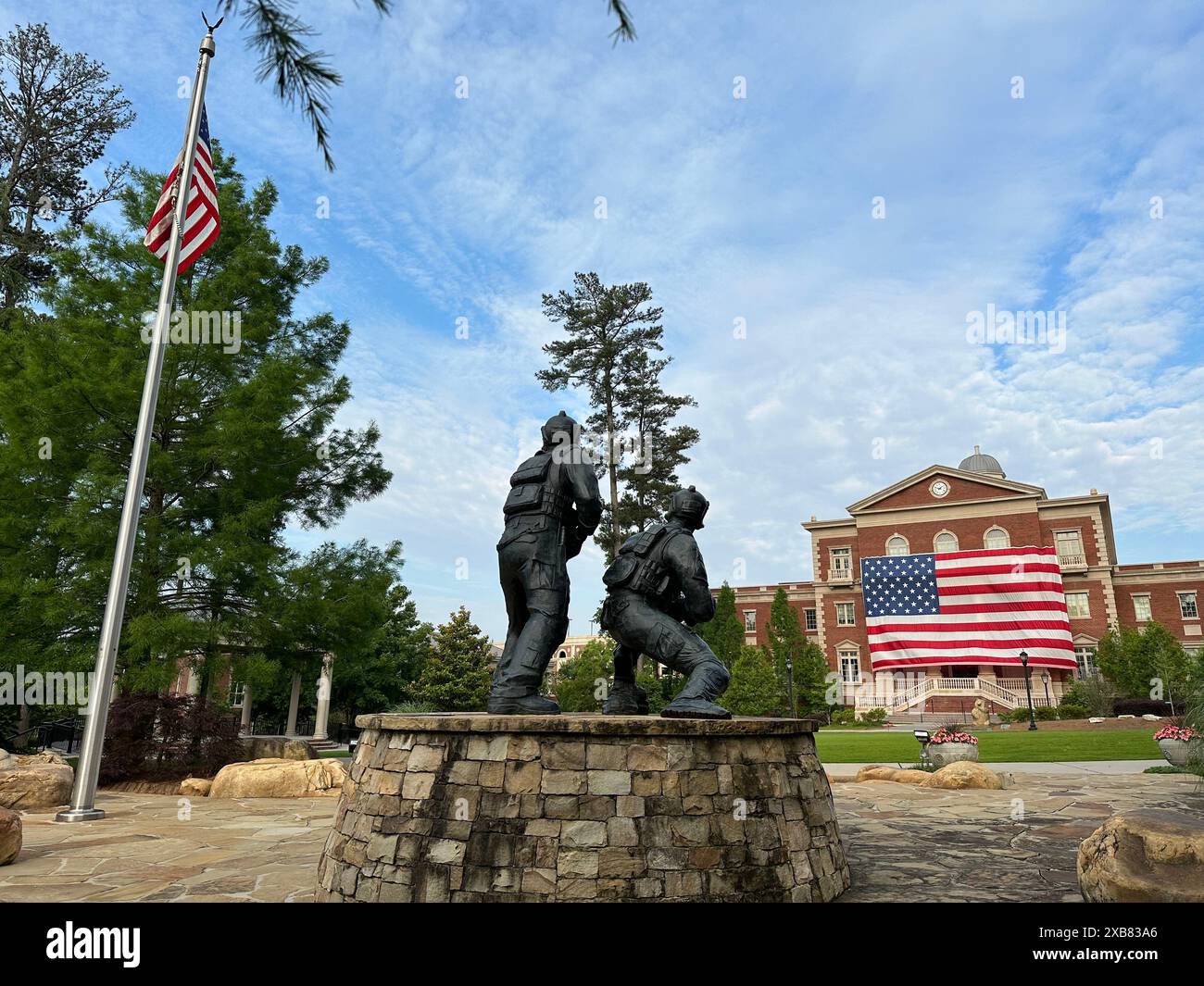 Memorial Day scene. Alpharetta City Hall adorned with a large US flag ...