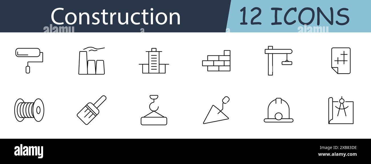 Construction set icon. Includes buildings, cranes, tools, and safety gear symbols. Suitable for ...