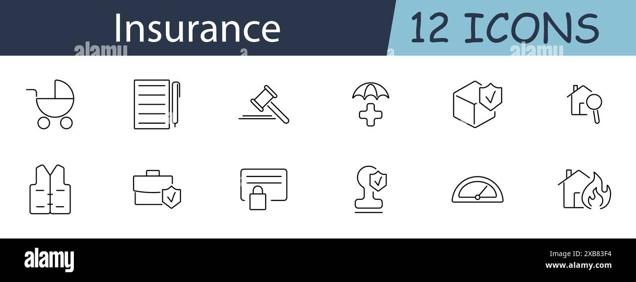 Insurance set icon. Baby carriage, document, gavel, umbrella, health ...