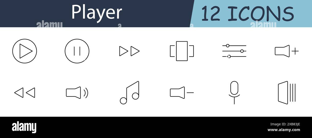 Player set icon. Play, pause, fast forward, settings, volume up, volume down, music note ...