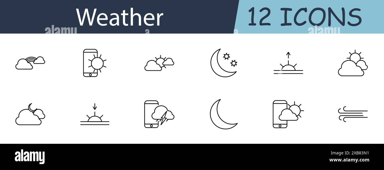 Weather set icon. Cloud, smartphone, sun, moon, stars, sunrise, sunset ...