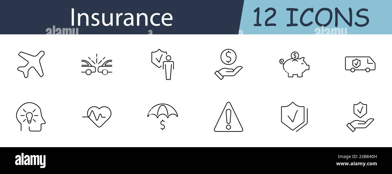 Insurance set icon. Airplane, car crash, person, hand with money, piggy ...