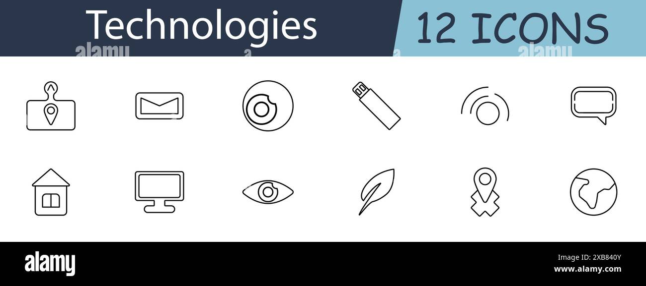 Technologies set icon. Location pin, envelope, camera, USB, wifi ...