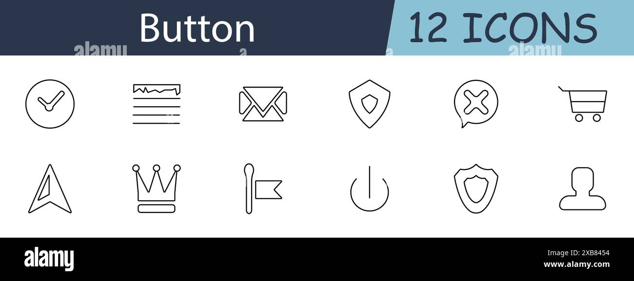 Button set icon. Checkmark, menu, envelope, shield, cancel, cart, arrow, crown, flag, power ...