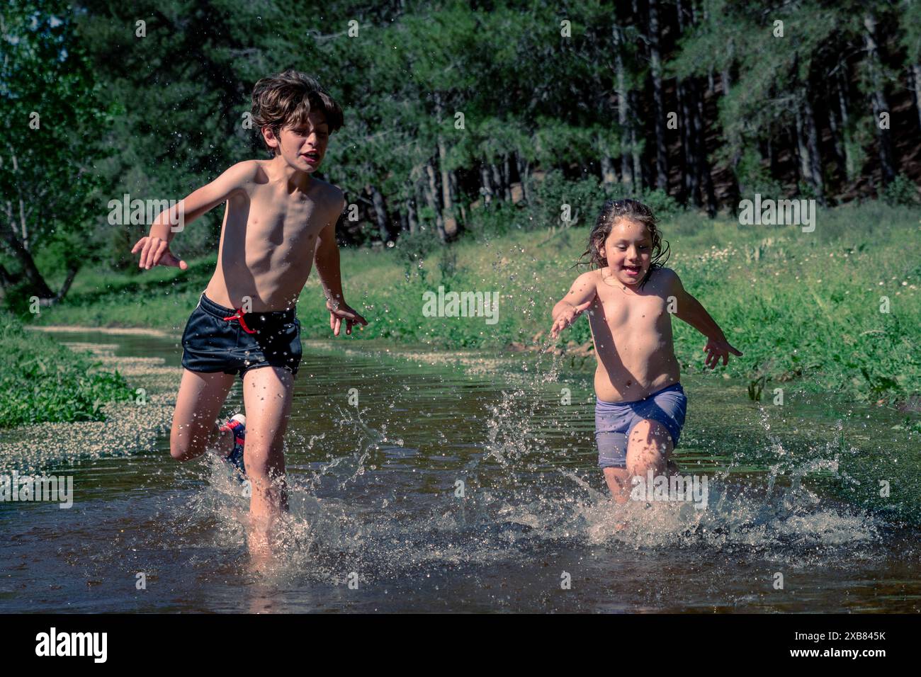 Two kids playing in a stream near trees and water Stock Photo - Alamy