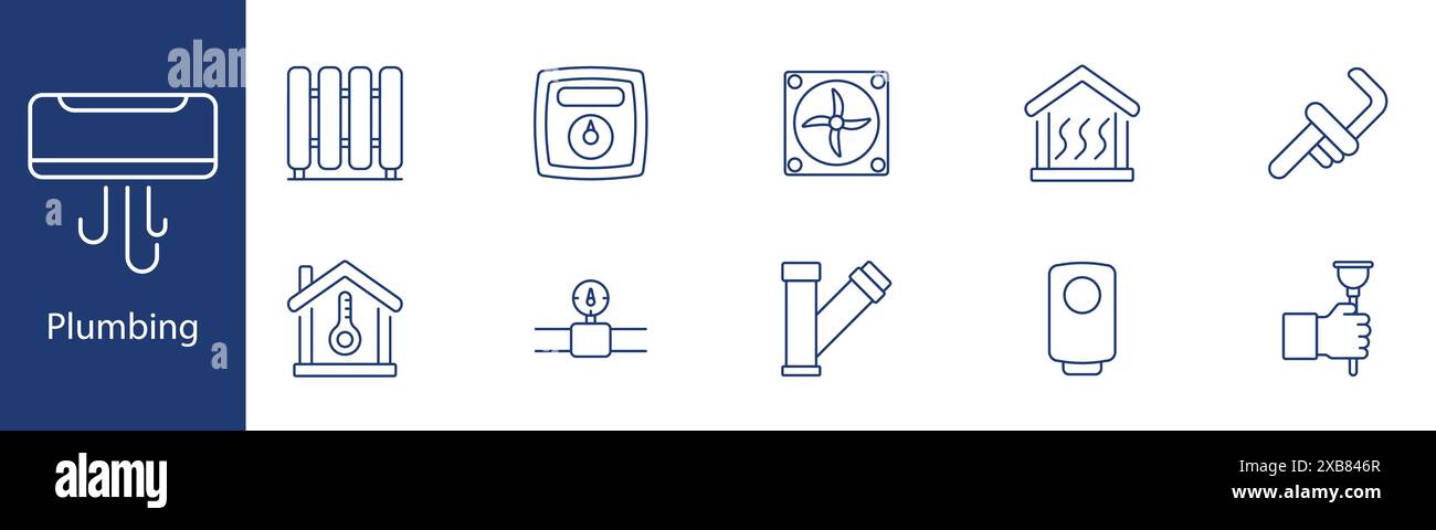 Plumbing set icon. Radiator, thermostat, fan, heating, pipe, water ...