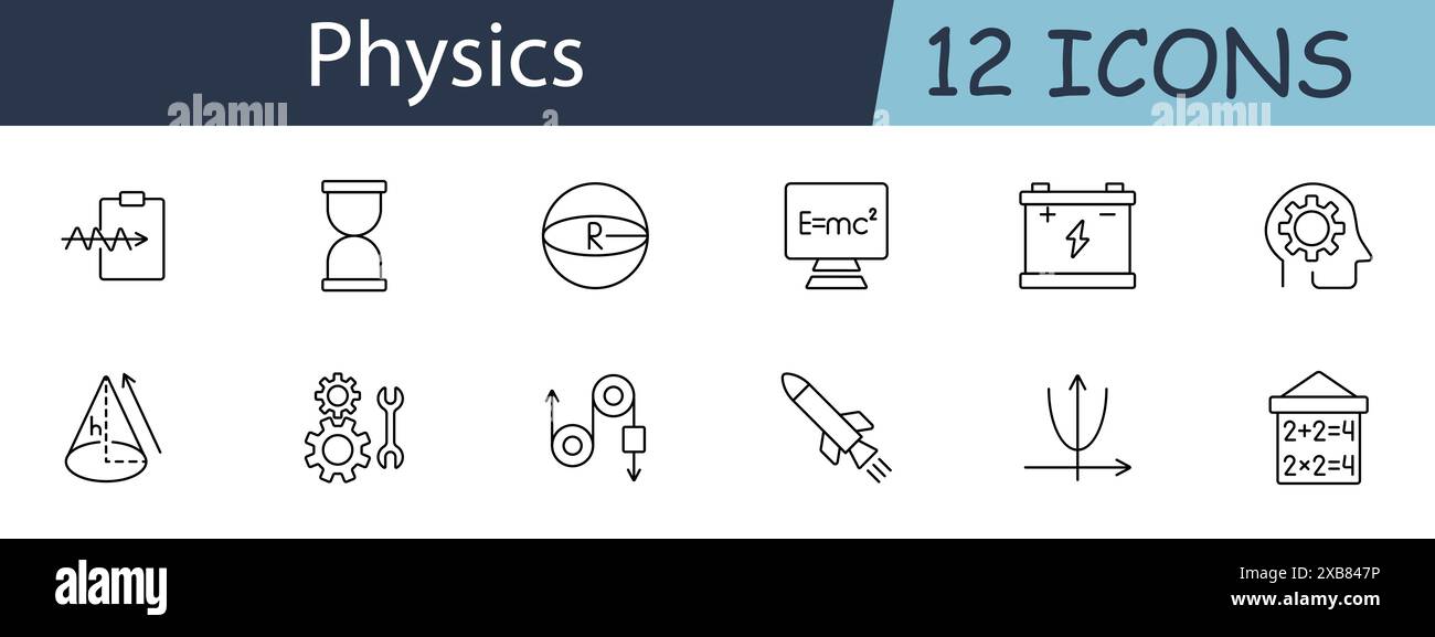 Physics set icon. Circuit, hourglass, sphere, equation, battery, brain ...