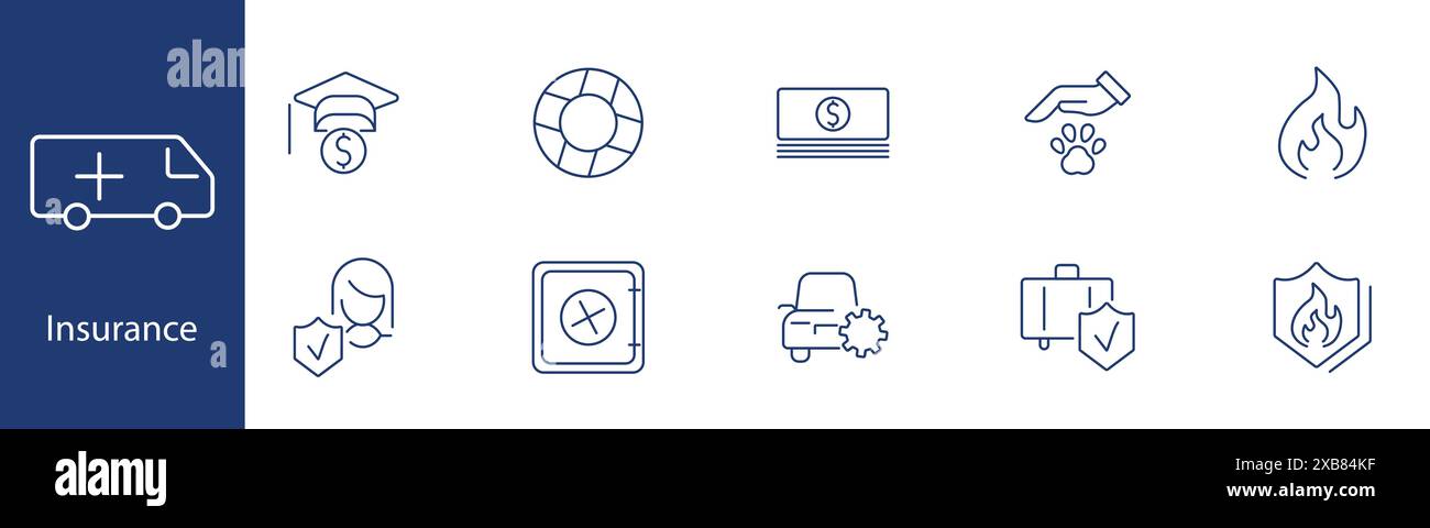 Insurance set icon. Ambulance, graduation cap, money stack, paw, fire ...
