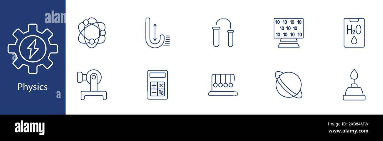 Physics set icon. Atom, magnet, calculator, Newton's cradle, planet ...