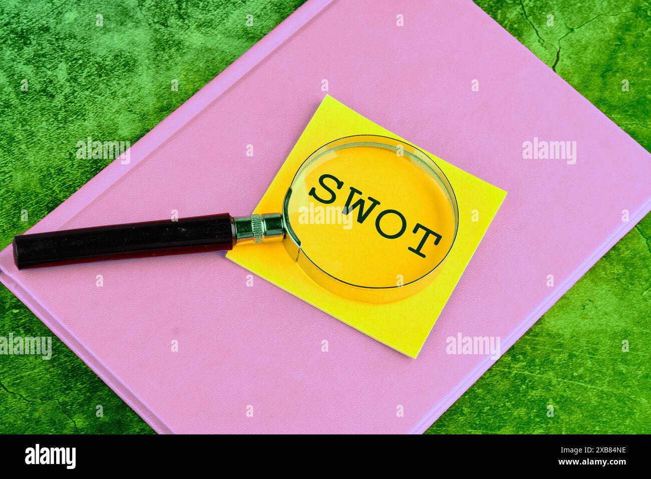 SWOT (SWOT analysis) text through a magnifying glass on a yellow ...