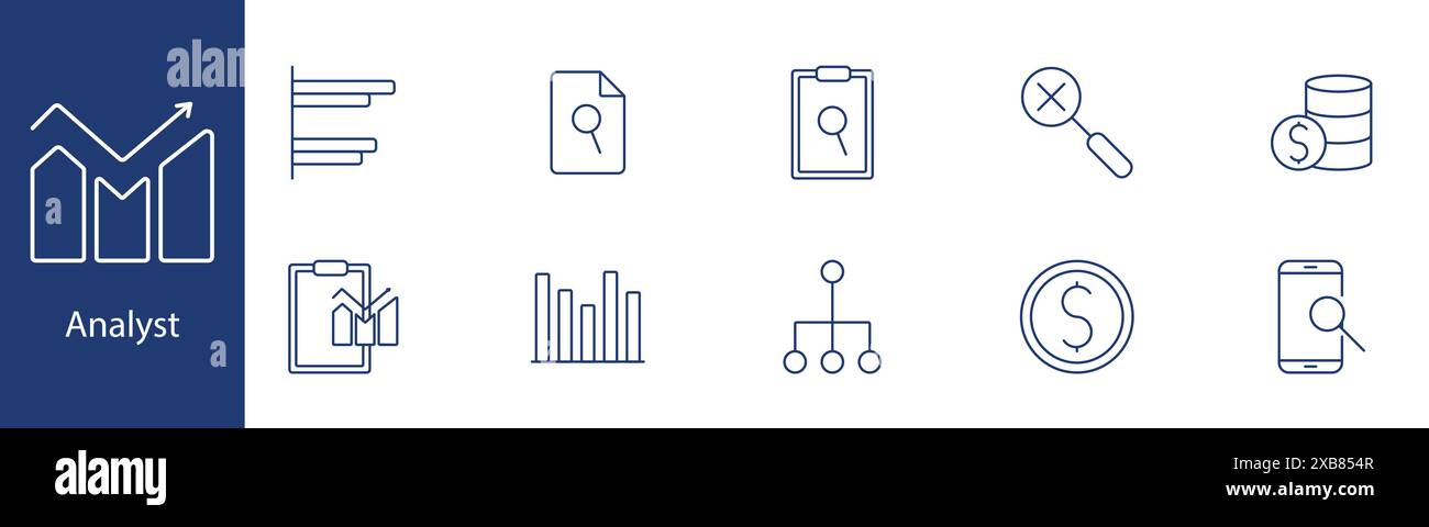 Analyst set icon. Bar chart, document, clipboard, data, money ...