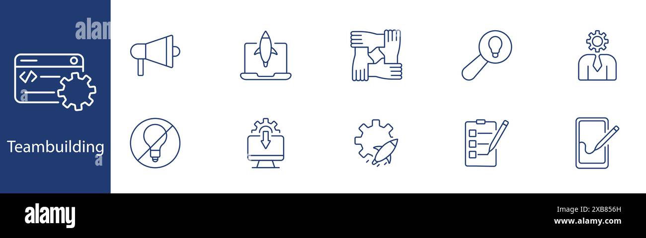 Teambuilding set icon. Hands, megaphone, rocket, ideas, teamwork ...