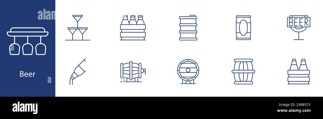 Beer set icon. Beer glasses, bottles, barrel, kegs, tap, six-pack, bar ...