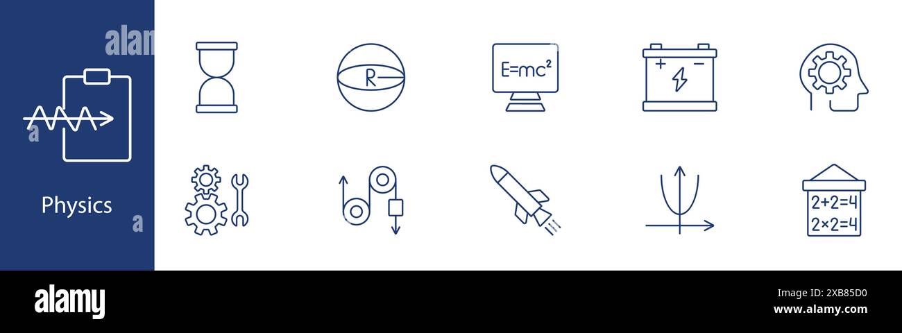 Physics set icon. Time, sphere radius, E mc formula, battery, brain ...