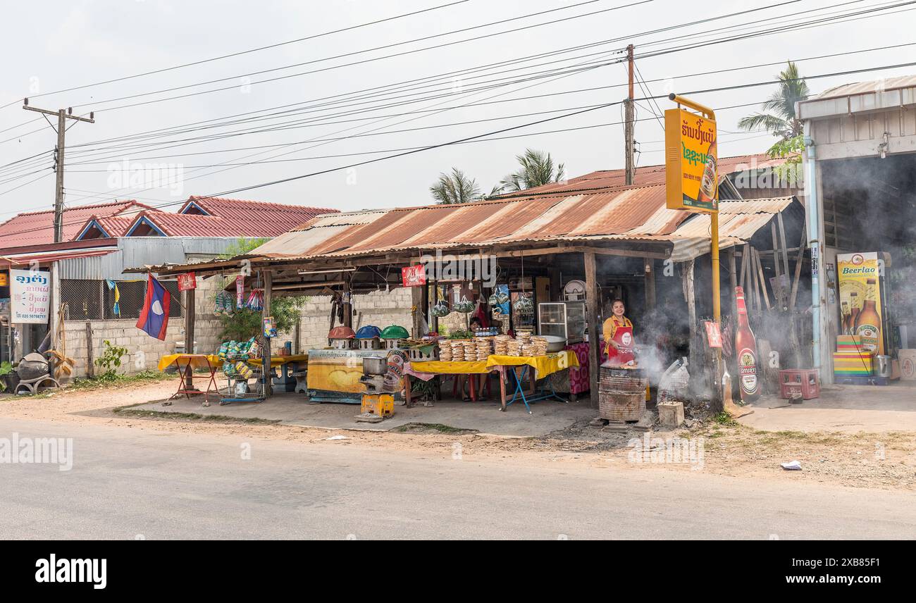 Roadside stand with woman cooking chicken, Pakse, Laos Stock Photo - Alamy