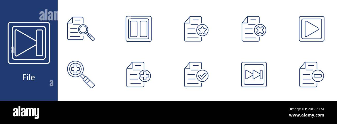 File set icon. Play, pause, search, star, check, add, document, delete, zoom, forward. File ...