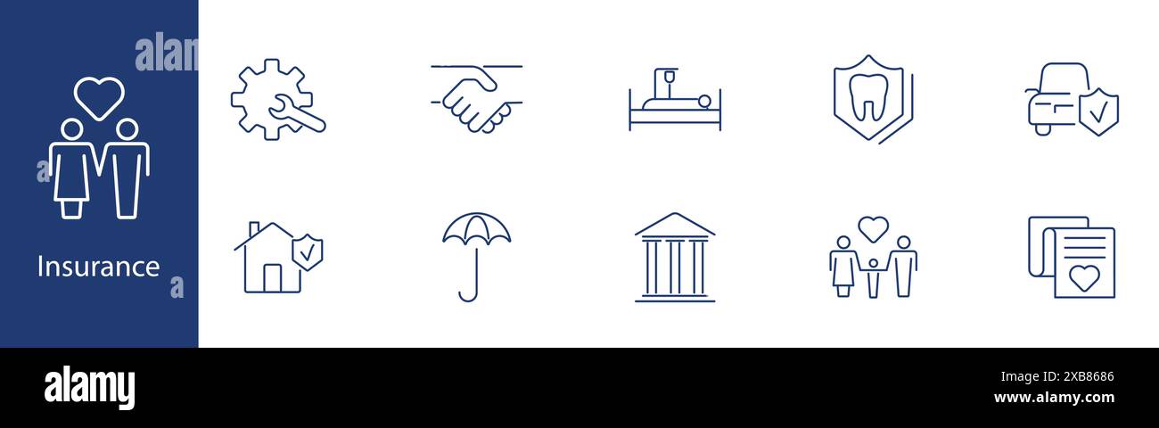 Insurance set icon. Family, handshake, hospital, shield, house ...