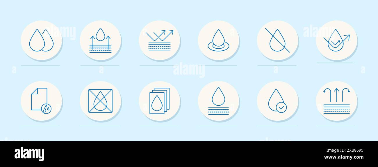 Water set icon. Drops, absorption, moisture, impermeability ...
