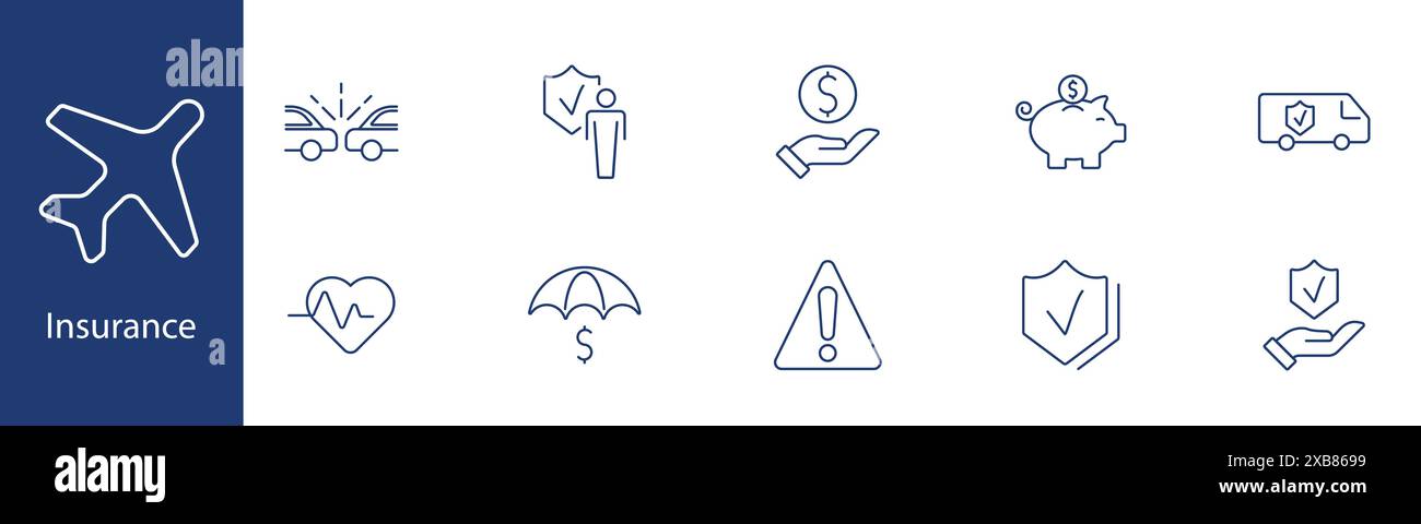 Insurance set icon. Car crash, shield, money, piggy bank, van, heart ...