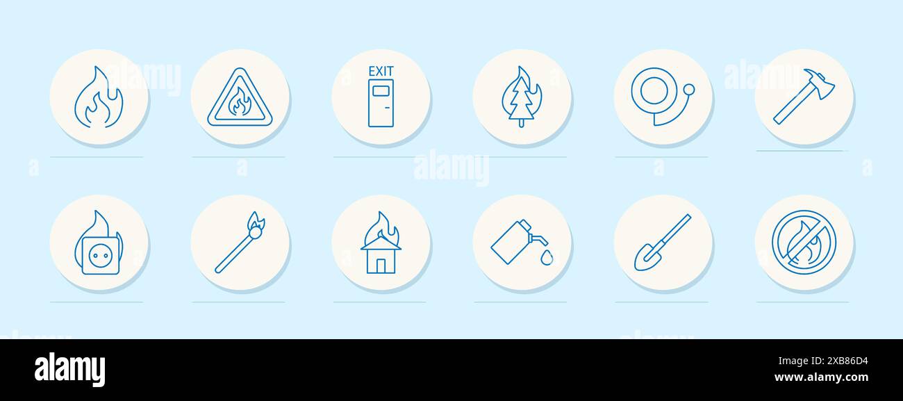 Fire safety set icon. Flame, extinguisher, exit sign, fire alarm, and ...