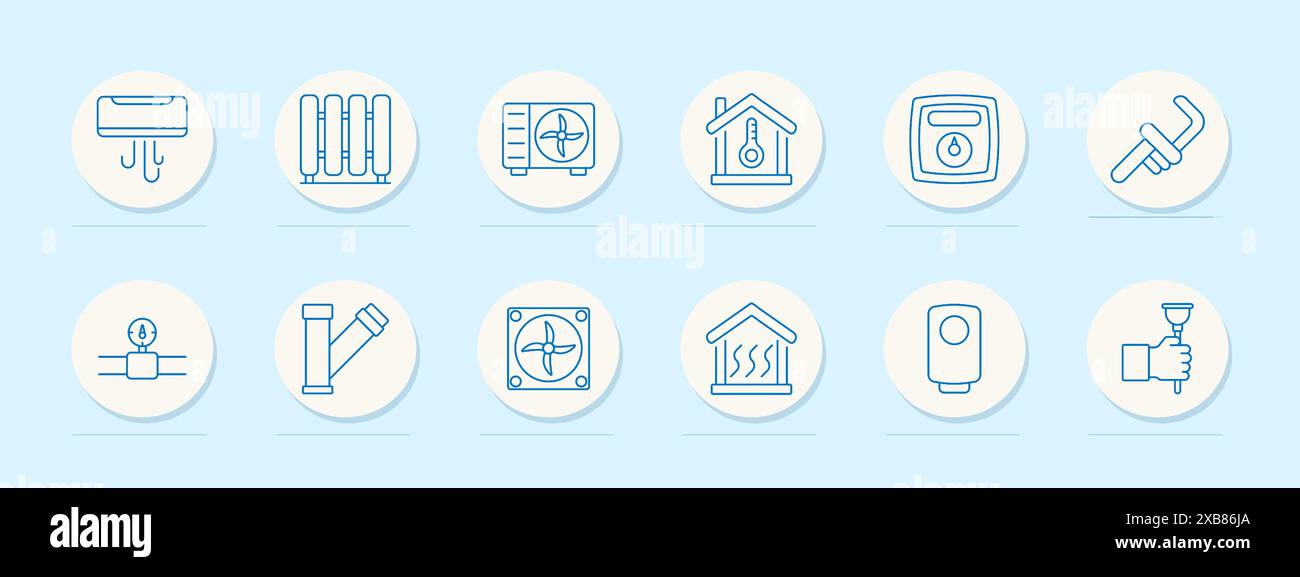 HVAC set icon. Air conditioner, radiator, thermostat, and pipes ...