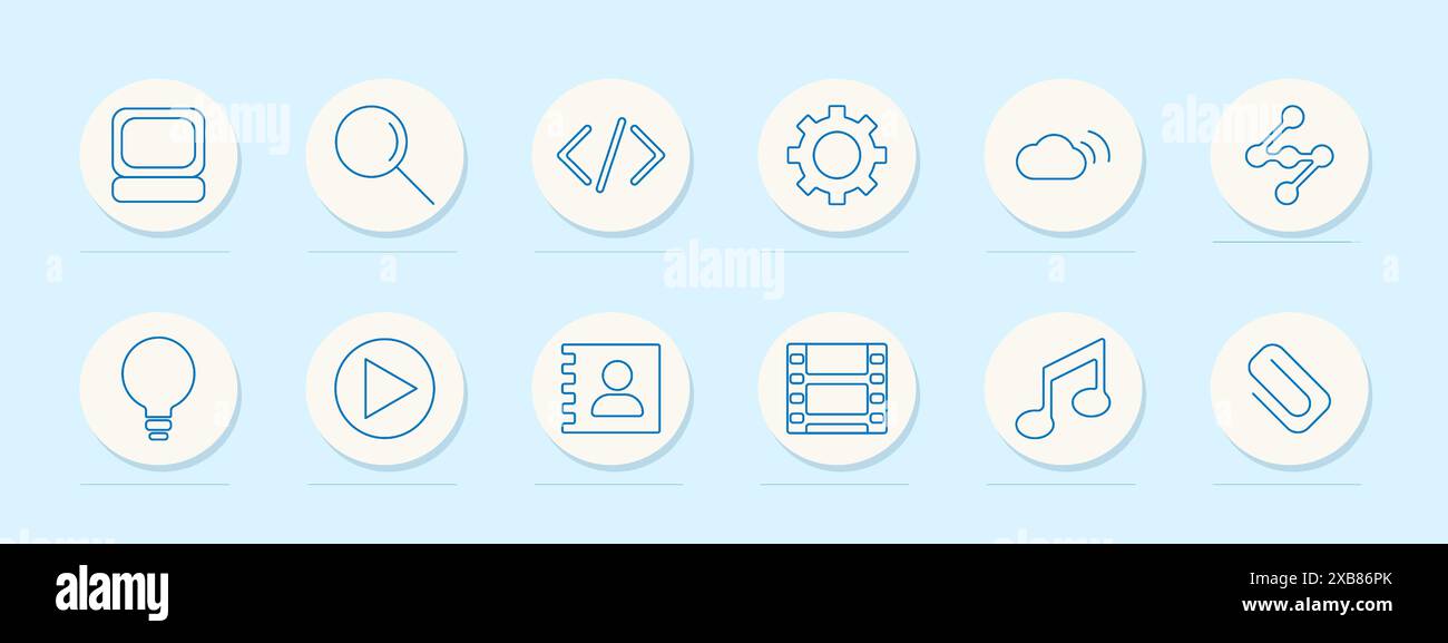 Multimedia set icon. Computer, magnifying glass, code, and music note. Technology, digital media ...