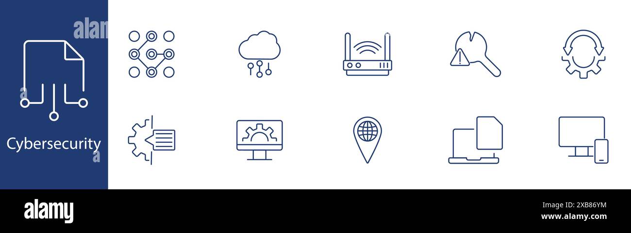 Cybersecurity set icon. Network, cloud, router, warning, monitor ...