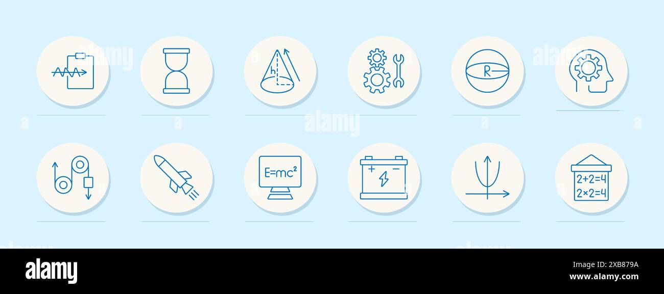 Physics set icon. Time, sphere radius, E mc formula, battery, brain ...