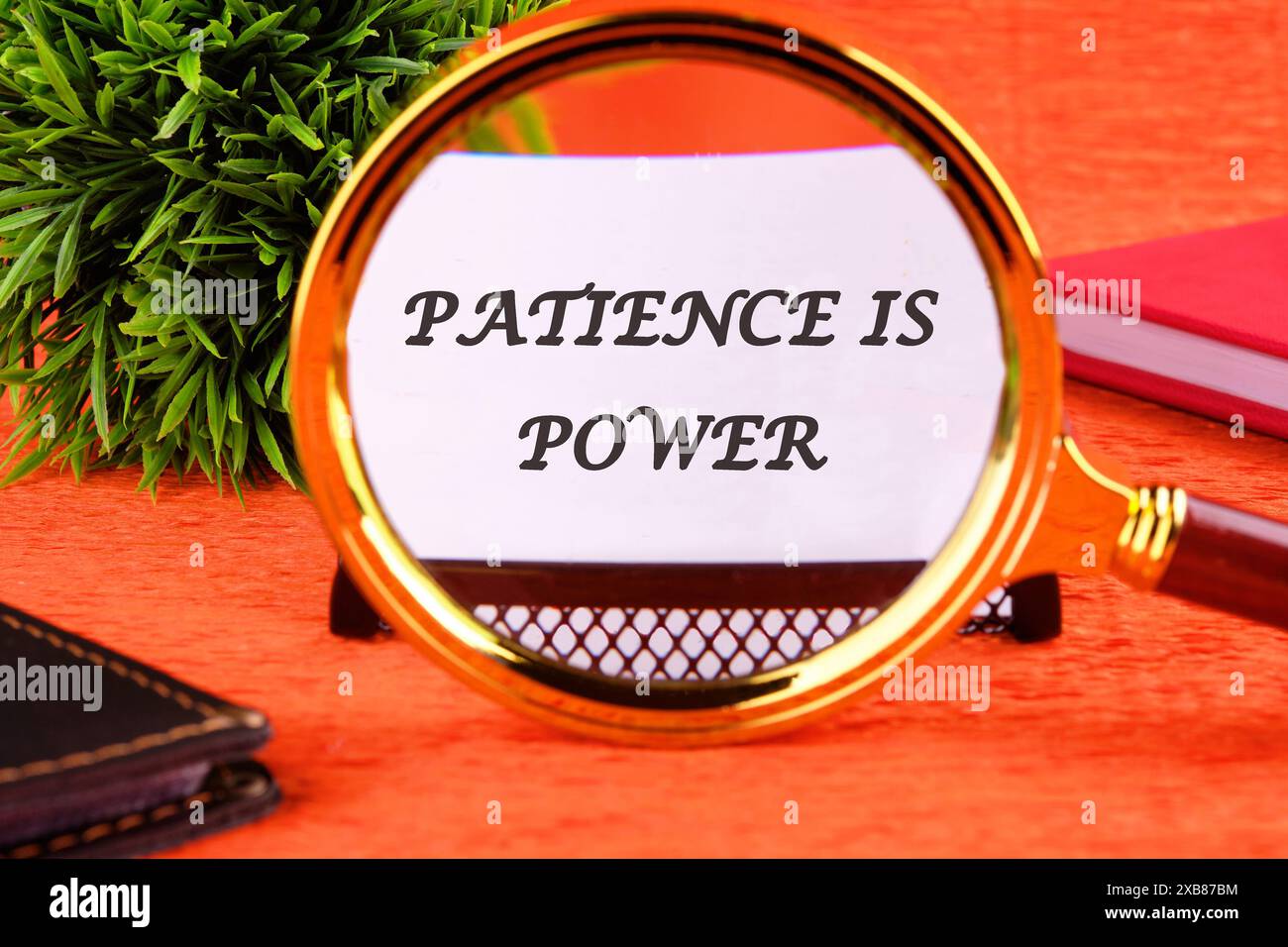 Concept words PATIENCE IS POWER through a magnifying glass on a white ...
