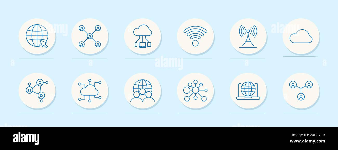 Networking set icon. Globe, cloud, connections, and wireless. Internet, communication ...