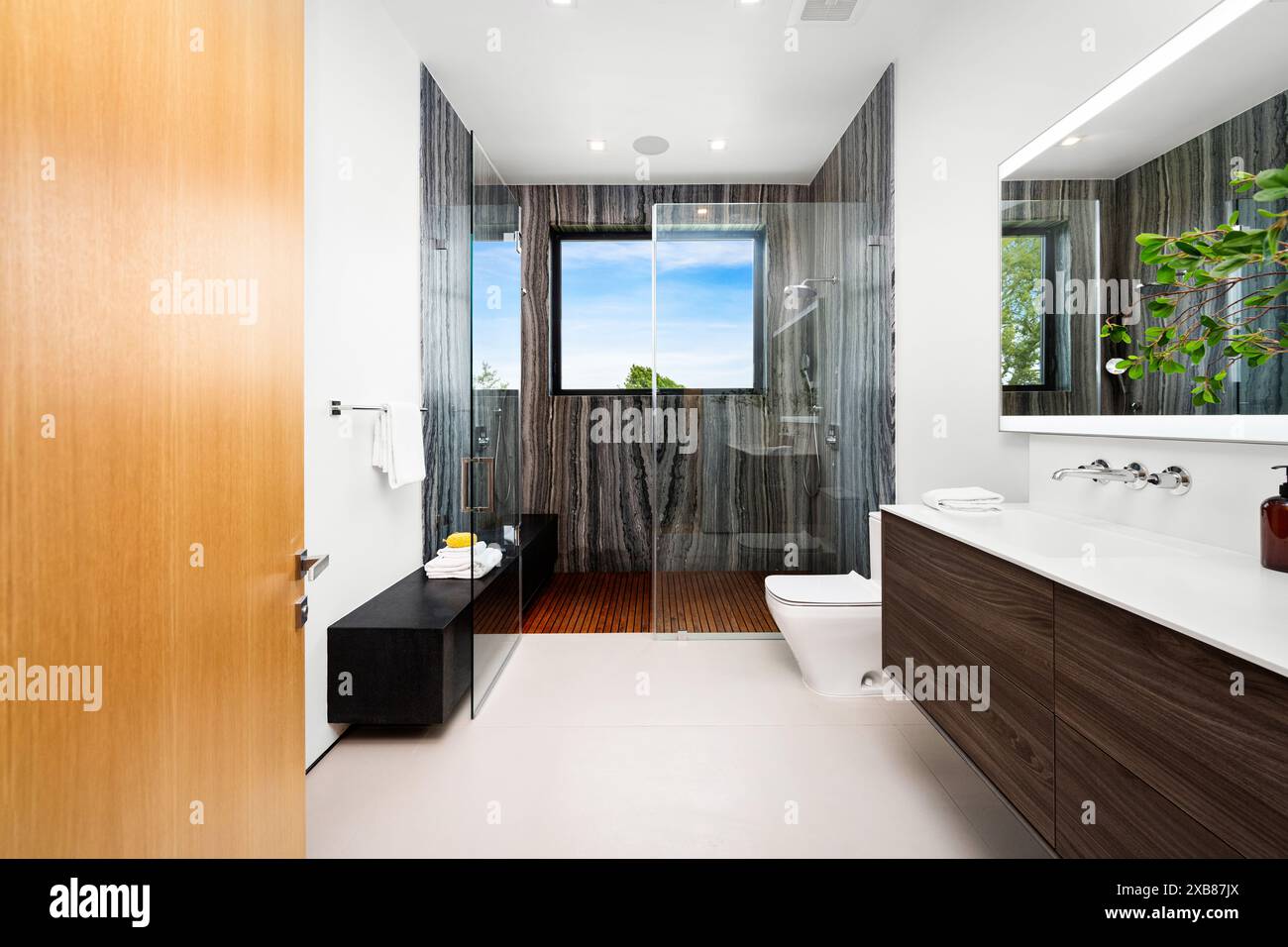 A Modern bathroom with outdoor shower and ample storage space Stock ...