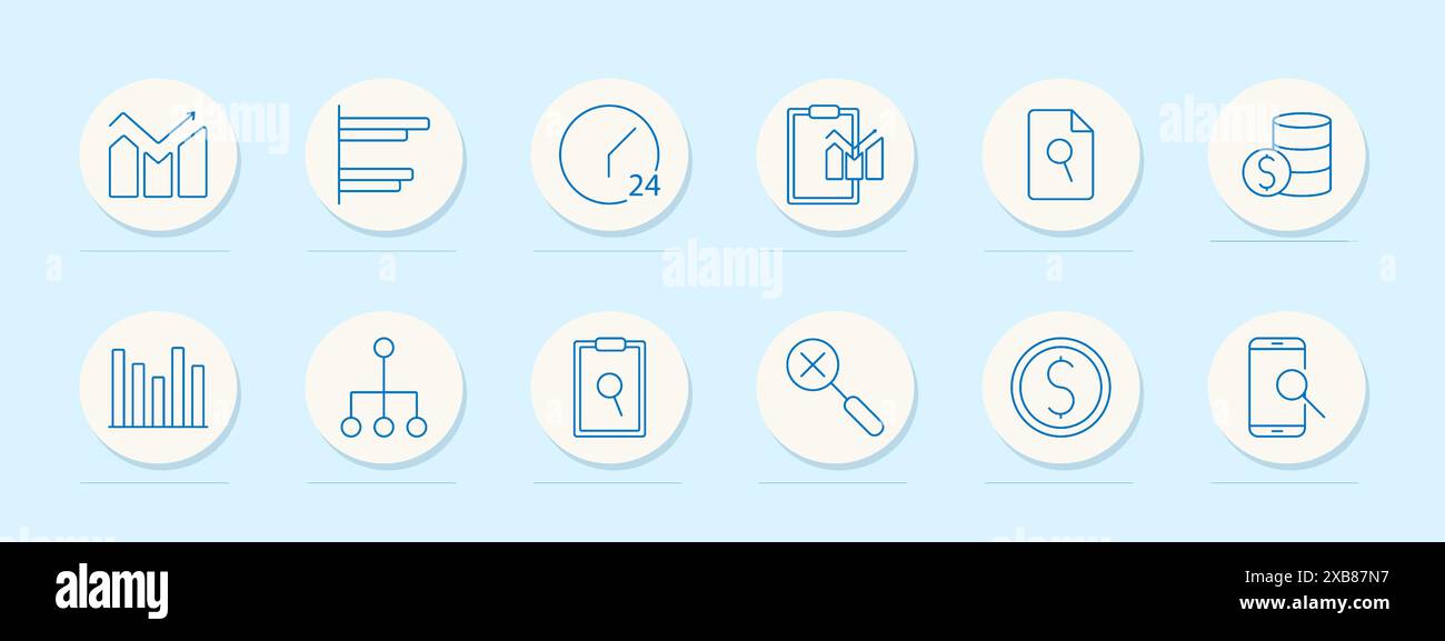 Data analytics set icon. Chart, clock, clipboard, and database ...