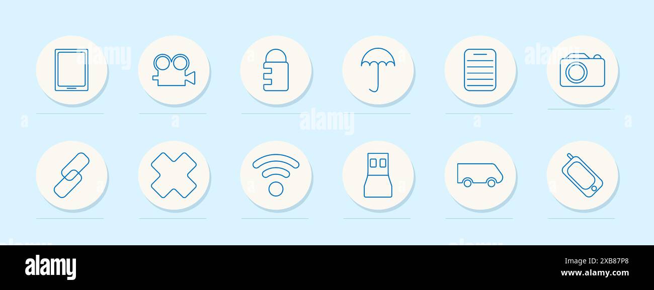 Digital tools and connectivity set icon. Tablet, camera, link, and wifi ...
