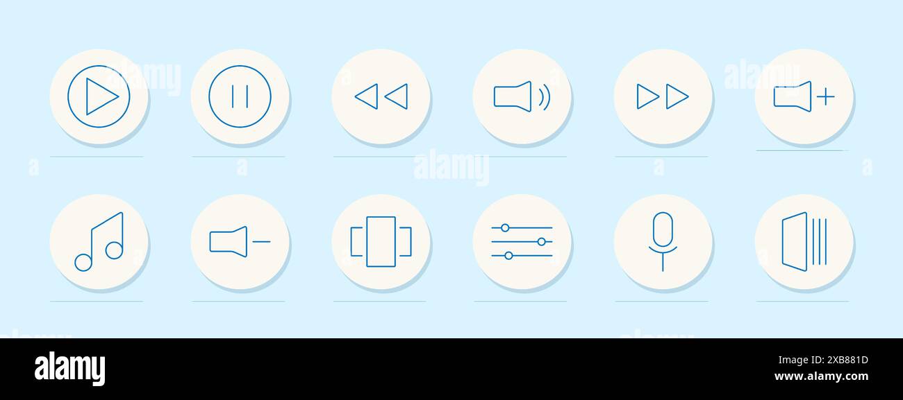 Media control set icon. Play, pause, rewind, volume, fast forward, music note, mute, speakers ...