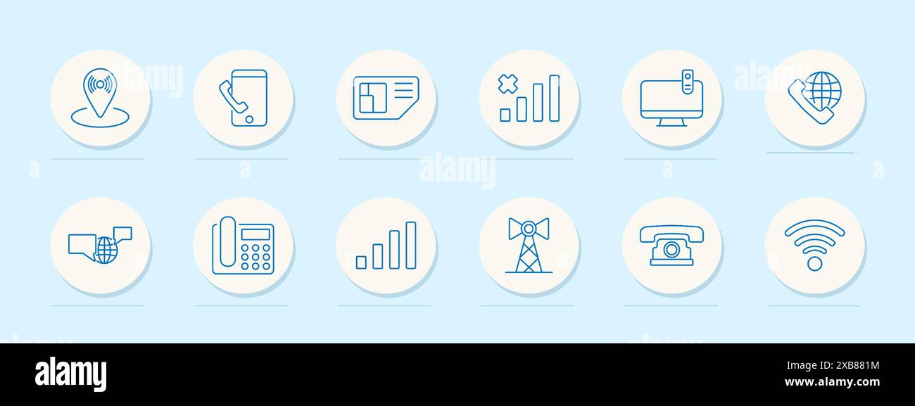Communication set icon. Pin, envelope, house, monitor, record, chat ...