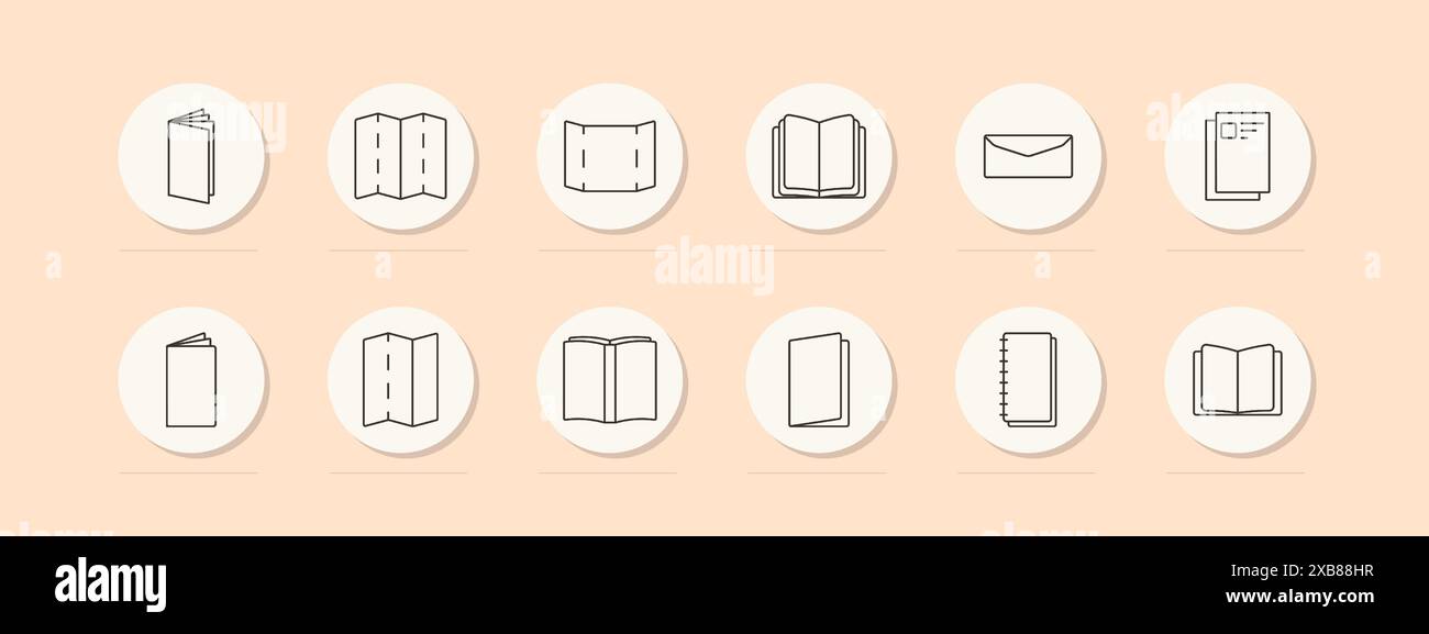 Paper set icon. Brochure, map, envelope, notebook, flyer, booklet ...