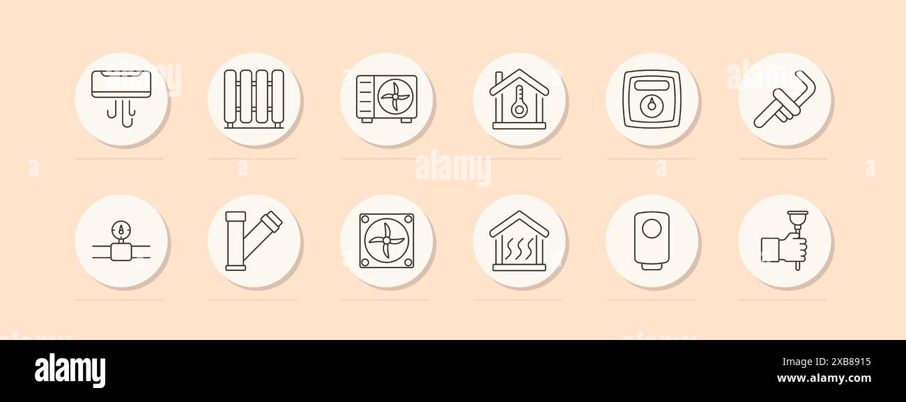 HVAC set icon. Air conditioner, radiator, thermostat, fan, heating ...