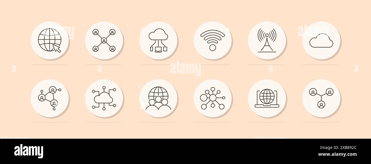 Networking set icon. Globe, user connections, cloud storage, wifi ...
