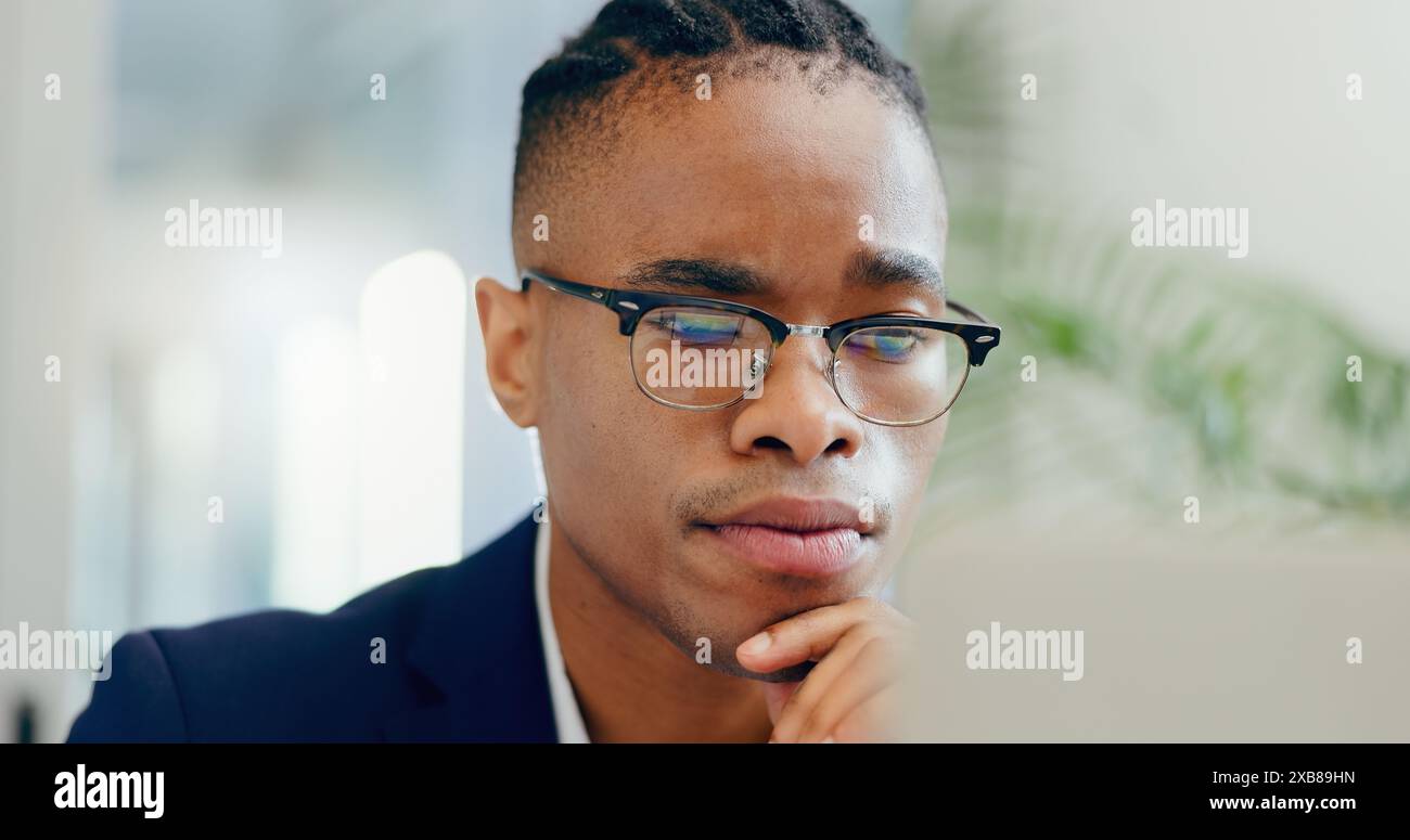 Business, thinking and black man with ideas, decision and solution with ...