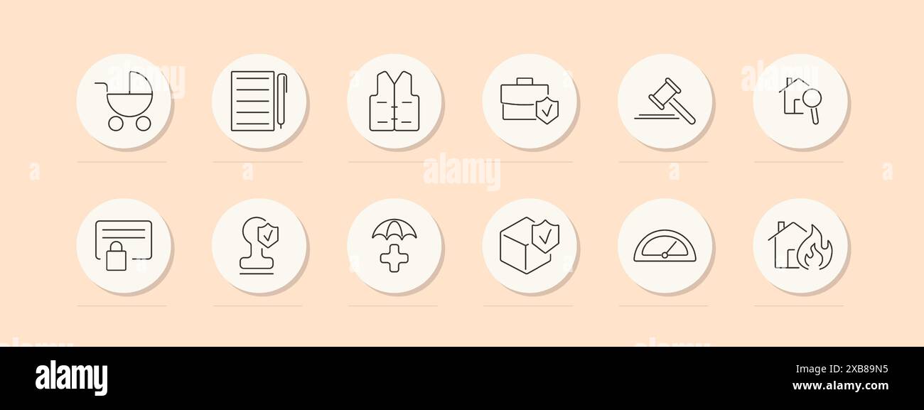 Insurance set icon. Stroller, document, vest, briefcase, gavel, house ...