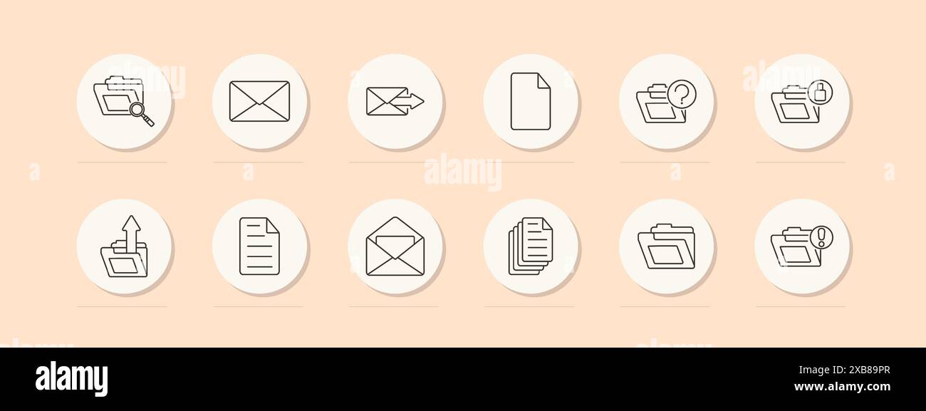 File management set icon. Folder search, envelope, send mail, document, upload, file stack, lock ...