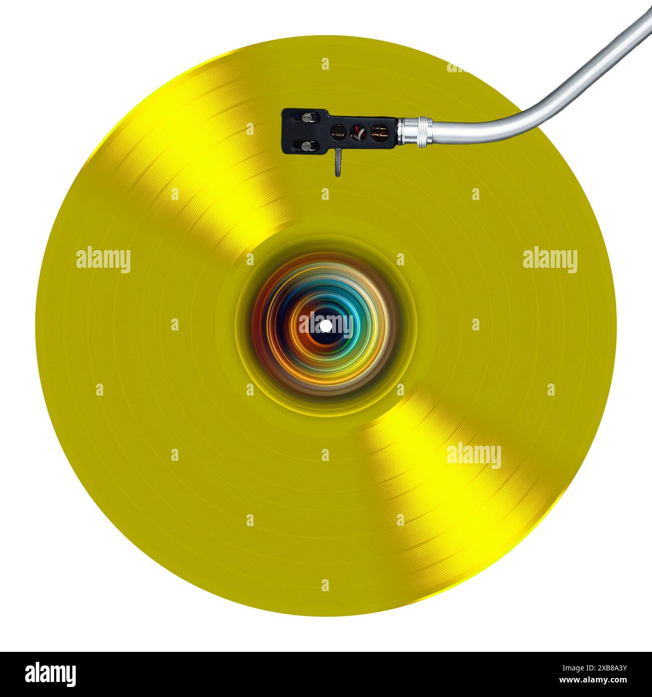 Gold vinyl record with turntable arm isolated on white background Stock ...