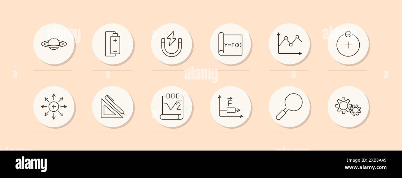 Physics set icon. Planet, battery, magnet, formula, graph, stopwatch ...